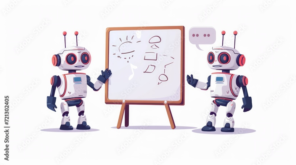 Robot presentation characters vector set. Robotic character showing whiteboard and speech bubble ...