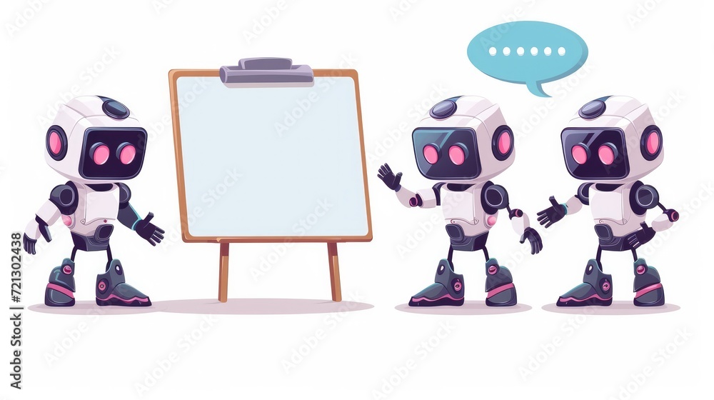 Robot presentation characters vector set. Robotic character showing whiteboard and speech bubble ...