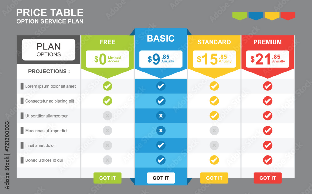 Price table pricing plan options for website selection plan price list ...