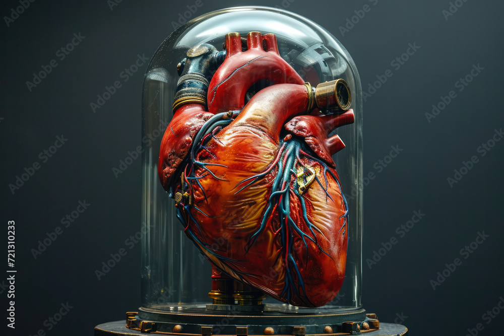 photo realistic portrait of a red life size human heart with blue veins ...