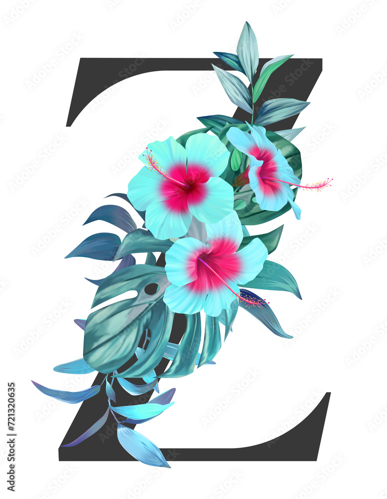 Letter. Turquoise floral alphabet with a composition of bouquets of ...