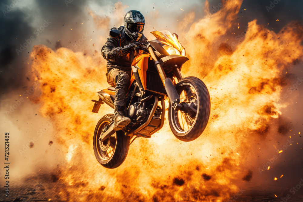 Motocross rider on a motorcycle in the flames of a fire Stock Photo ...