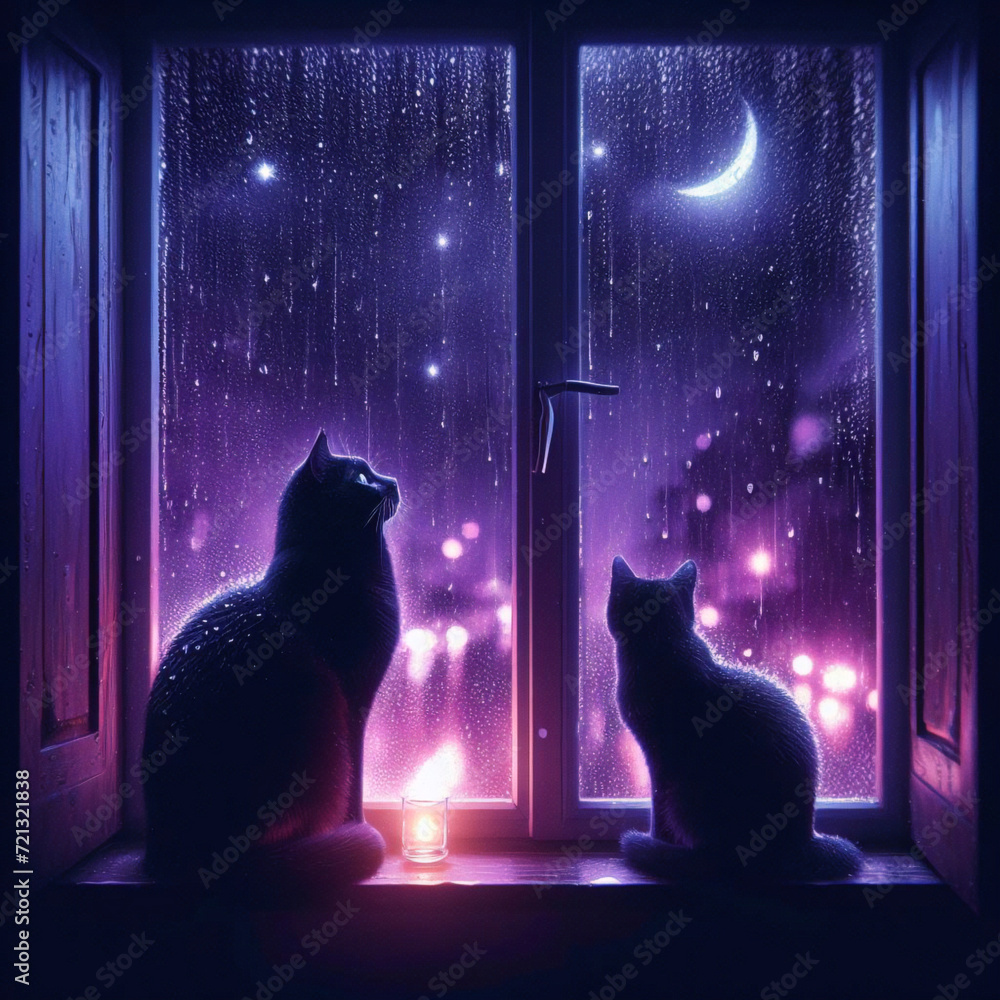 lofi art, It's a rainy night and a black cat is looking out the window ...