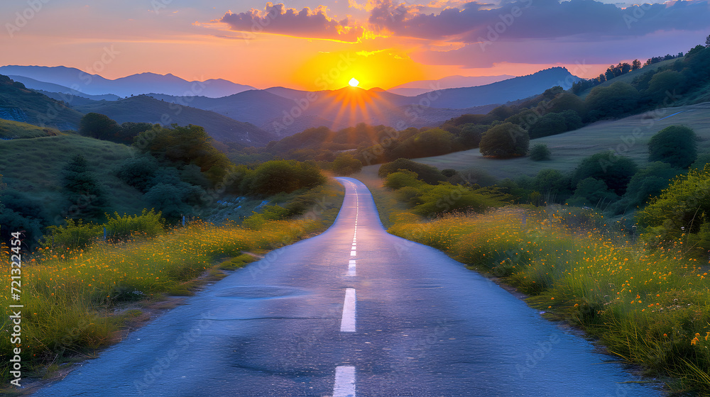 beautiful sun rising sky with asphalt highways road in rural scene use ...