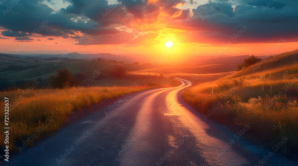 beautiful sun rising sky with asphalt highways road in rural scene use ...