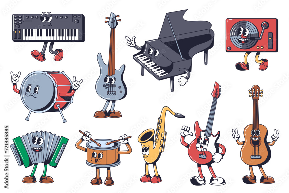 Cartoon musical instrument characters. Music mascots keyboard ...