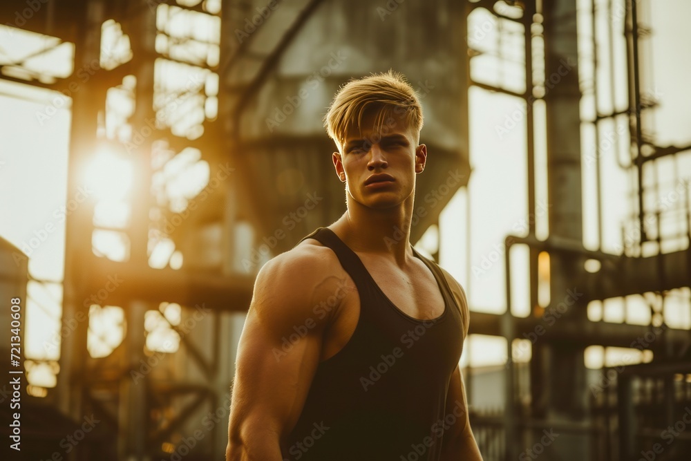 A tall, muscular German man with short blonde hair and a square jaw is ...