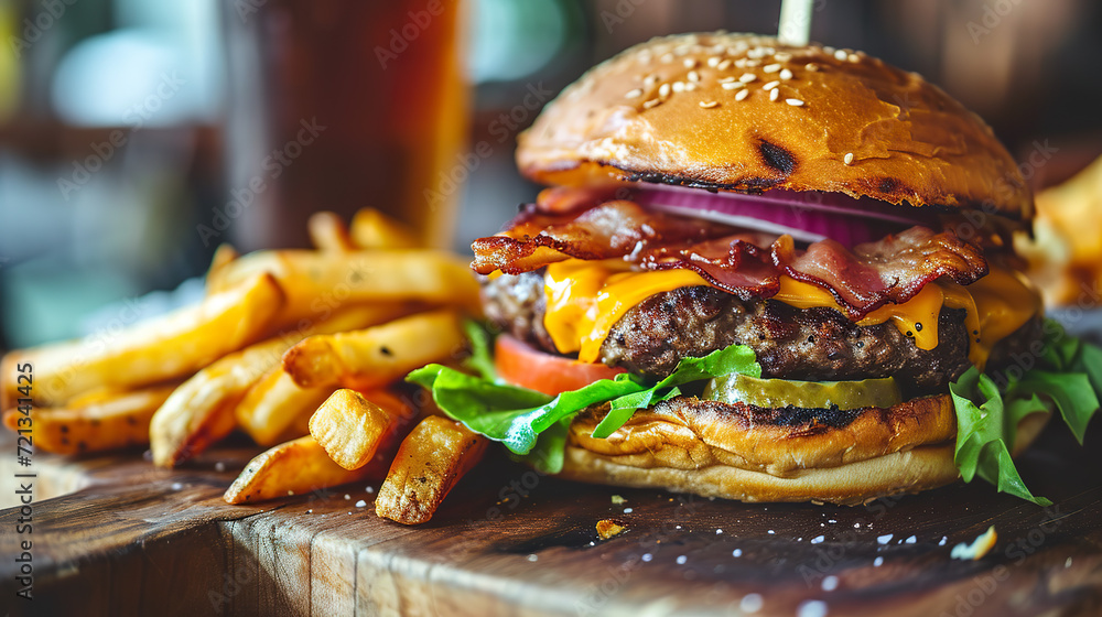 BBQ Beef burger with bacon and French Fries, angle view, ultra ...