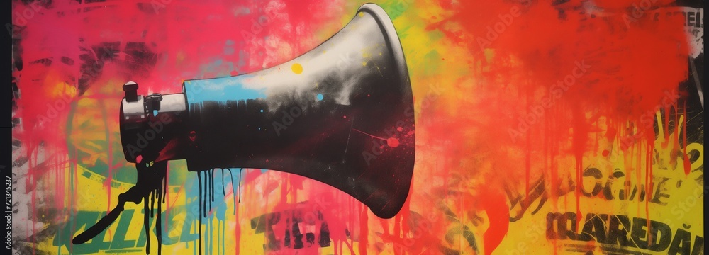 Graffiti art of a bold megaphone stencil set against a red, orange, and ...
