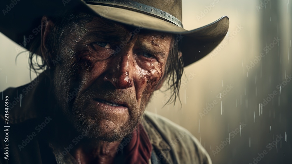 A Texas cowboy with a sad and regretful face. A 45-year-old farmer man ...