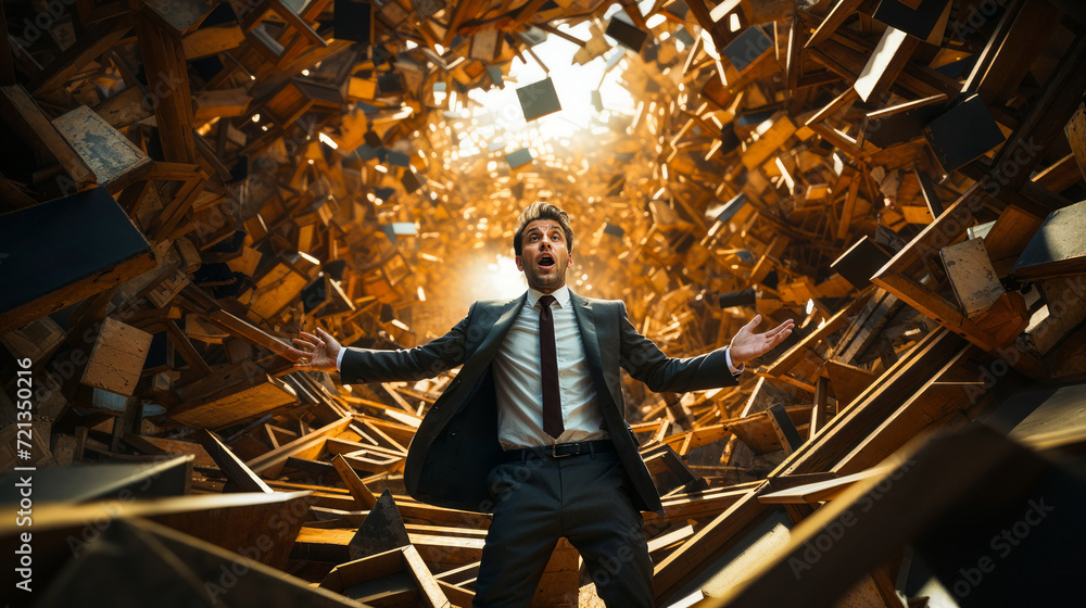 Desperate businessman falling through a collapsing structure ...