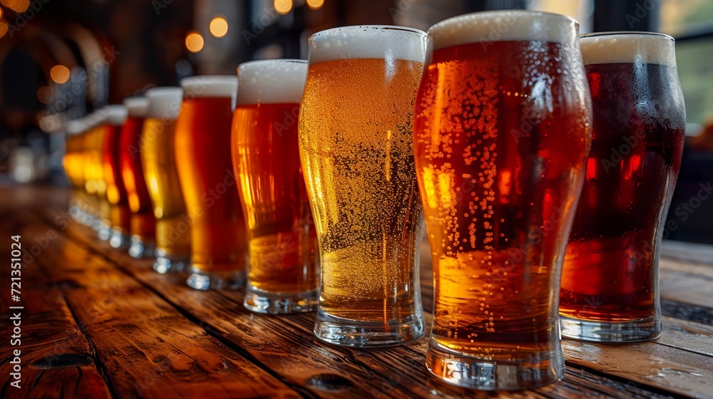Beer glasses lined up form an attractive vision of conviviality and ...