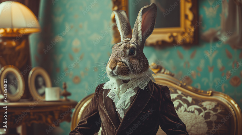 Rabbit as an aristocrat. elegant easter bunny in a velvet suit, in an ...