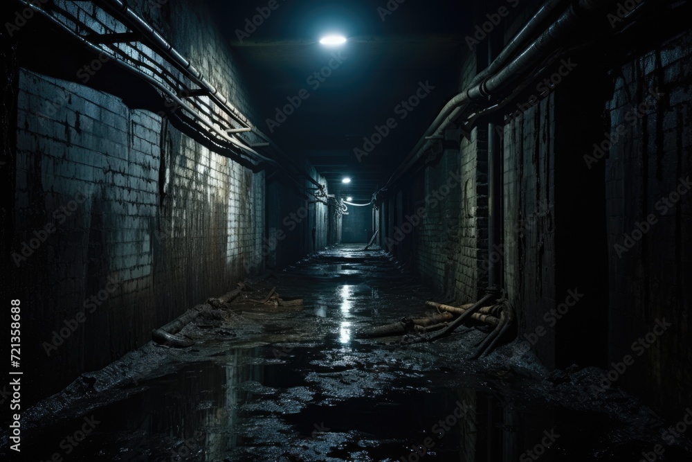 A dimly lit corridor with a pool of water on the floor leading into the ...