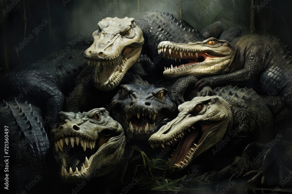 A group of alligators in a marsh with jaws wide open, displaying their ...