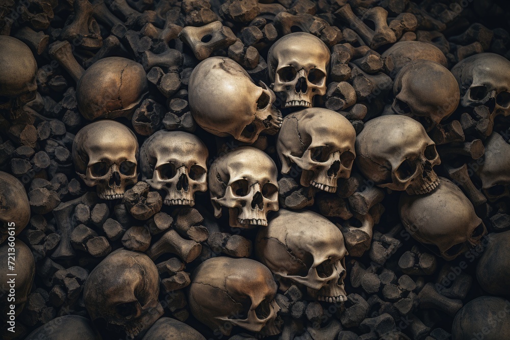 A close-up image showcasing a pile of skulls sitting tightly next to ...