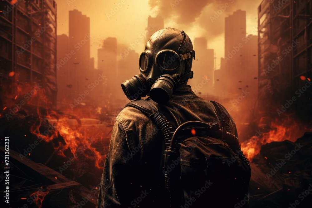 A man wearing a gas mask stands defiantly in front of a blazing fire ...