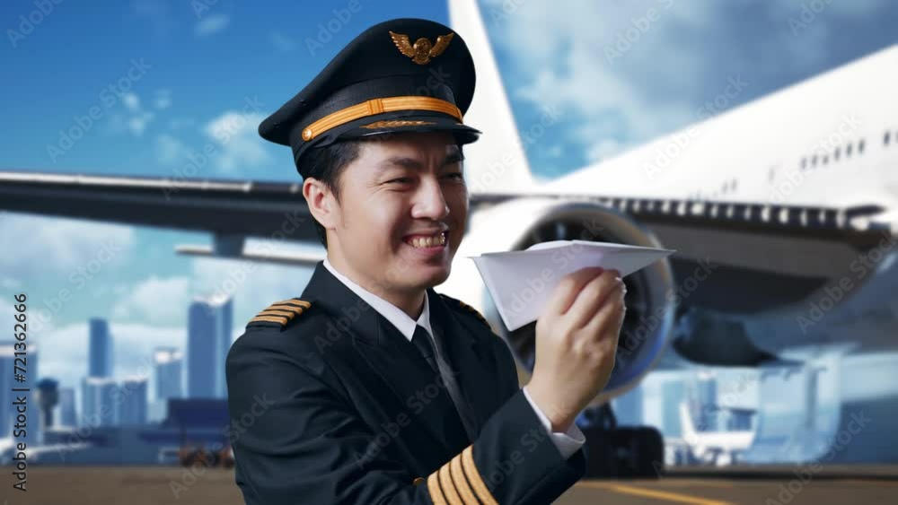 Close Up Of Asian Man Pilot In Professional Uniform Launching Paper ...