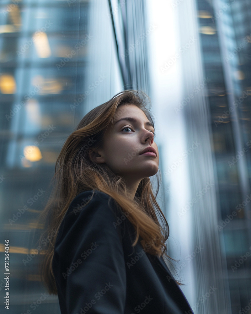 Confident Businesswoman Posing Triumphantly In Corporate High-Rise ...