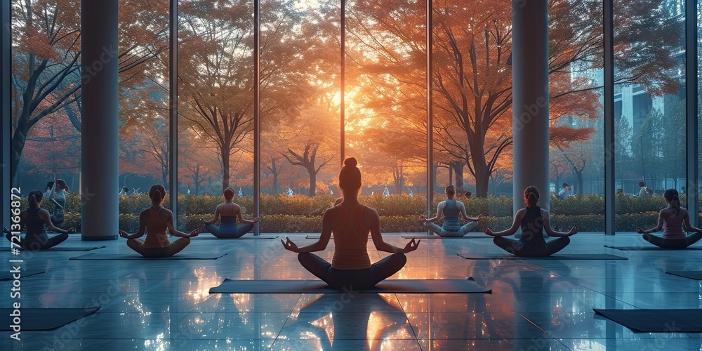 Yoga in serenity bodies in harmony silhouette against sunset glow ...