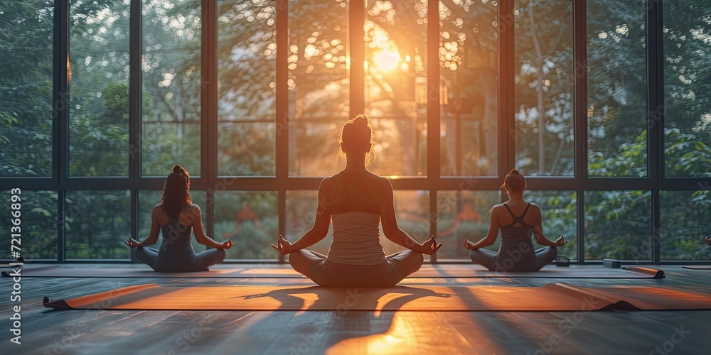 Yoga in serenity bodies in harmony silhouette against sunset glow ...