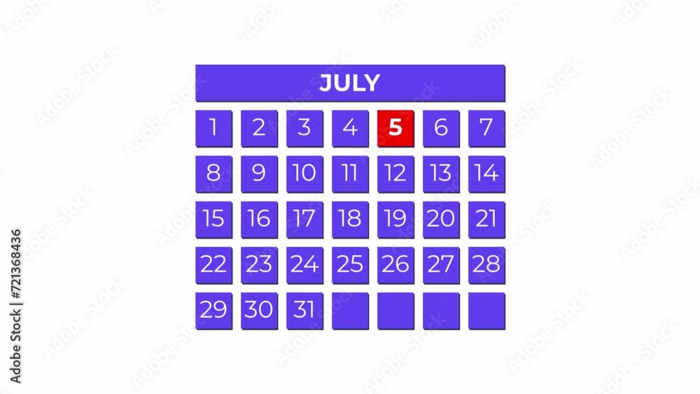 5th July calendar icon animation. Alpha matte with transparent ...