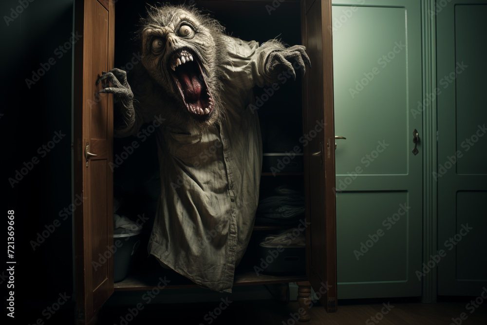Fearful terrible monster hiding inside wardrobe in children room ...