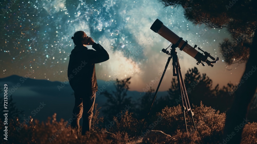 Astronomer Observing the Starry Night Sky with a Telescope Amidst ...