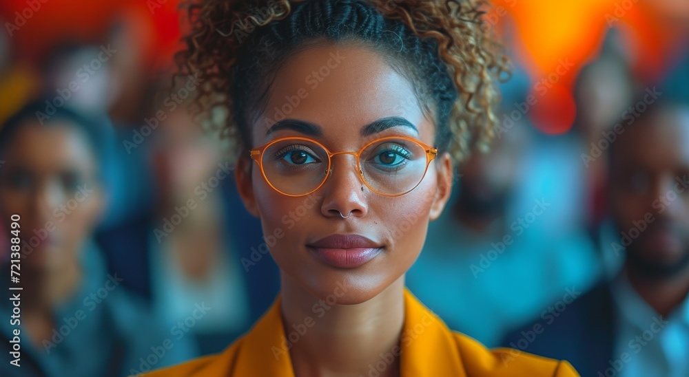 A cheerful woman with a bright yellow jacket and stylish glasses, grins ...