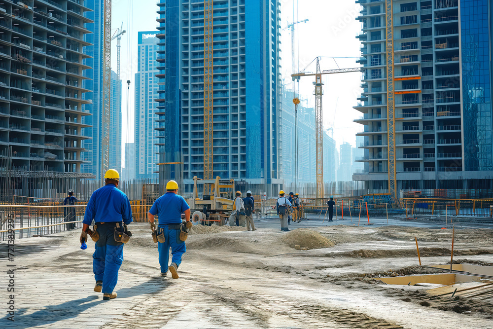 Construction workers at construction site during construction of high ...