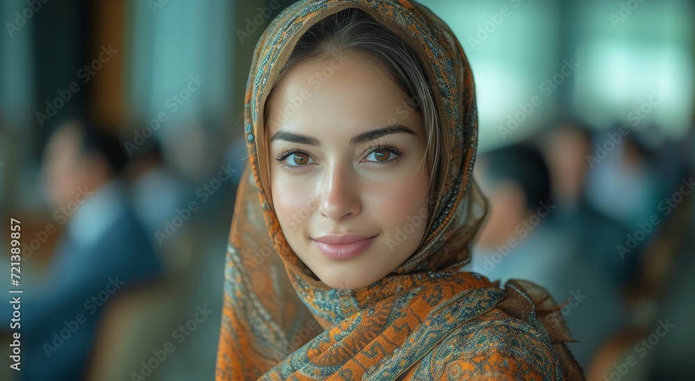 A radiant smile shines through a woman's head scarf as she exudes ...