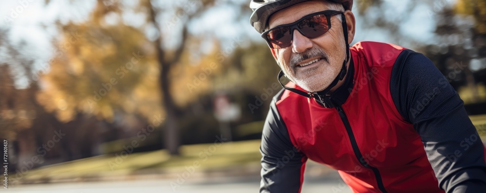 Portrait photography of a happy man cyclist riding a bicycle and ...