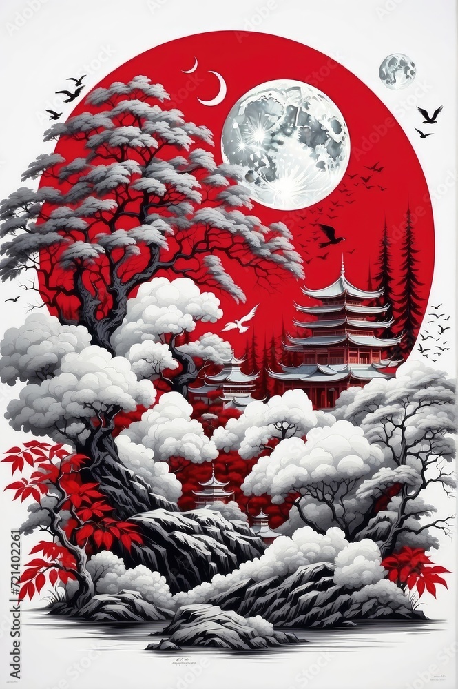 paintings with a Japanese cultural theme with red, white and black ...