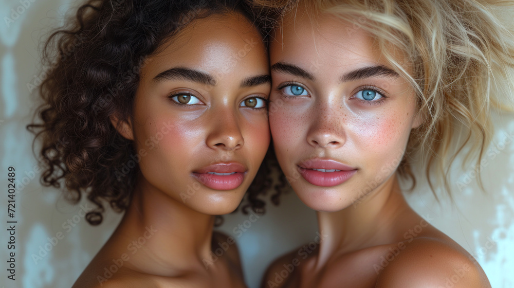 Two diverse women in chic neutral attire, sharing a serene moment in a ...