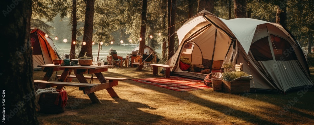 Tents at amazing camping site in the forest near the lake. Camping ...