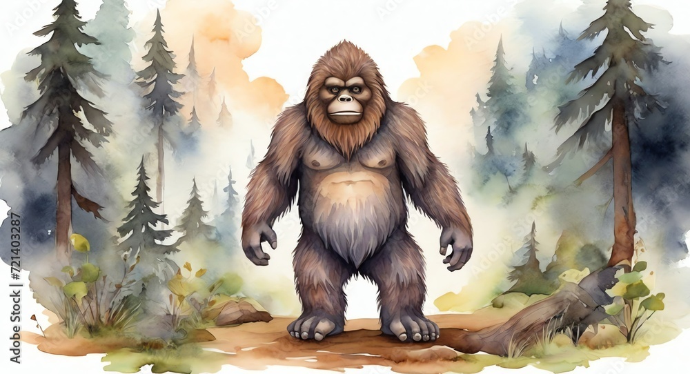 Watercolor hand painted cute sasquatch on the forest from Generative AI ...