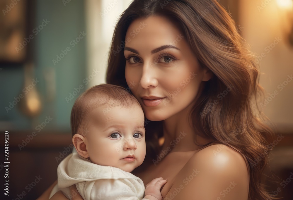Loving mom carying of her newborn baby at home. Bright portrait of ...