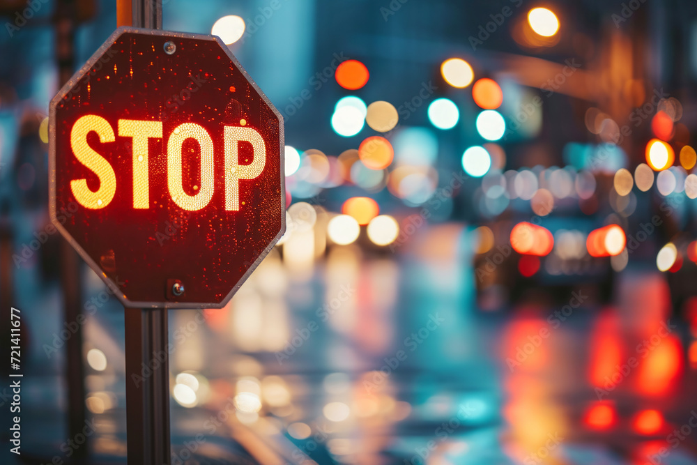 Red stop sign sparkling at night with bokeh city lights in the ...