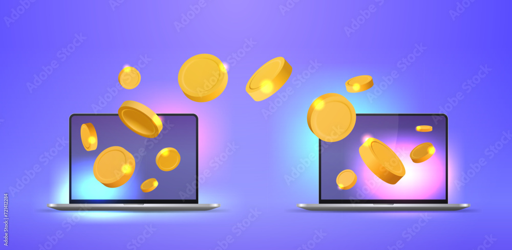 Transfer of money between two laptops on a bright background. Realistic ...
