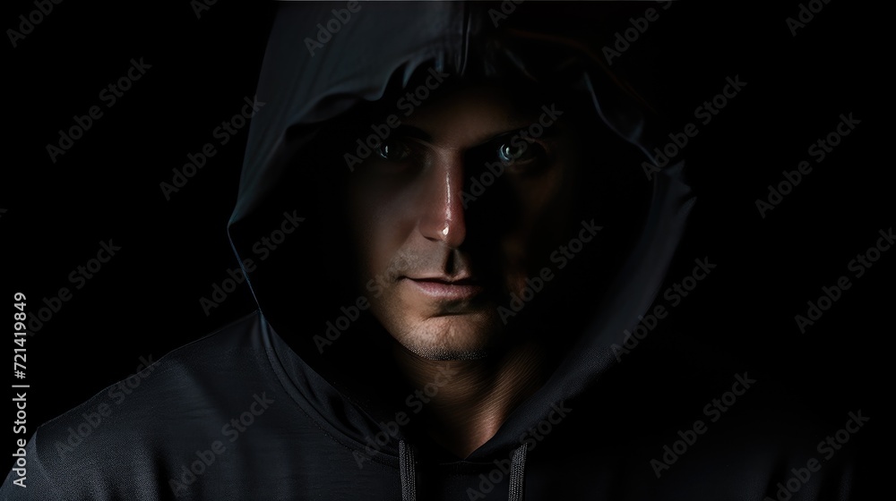 shadowy figure with a hoodie on a black background, representing a ...