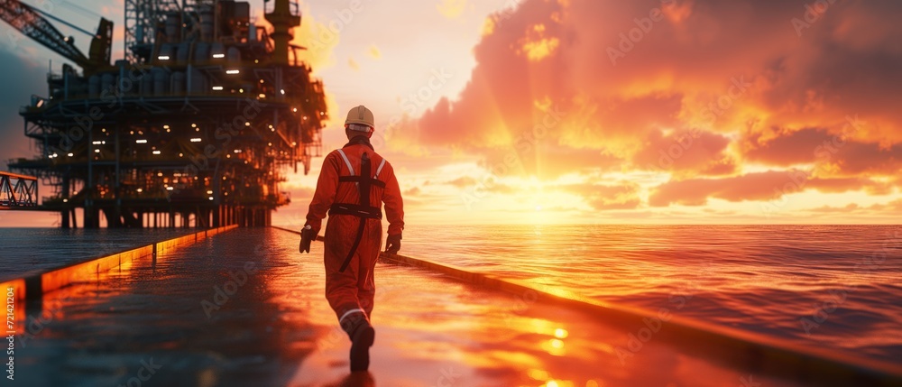Oil Rig Worker Walking To Offshore Facility For Hazardous Maintenance ...