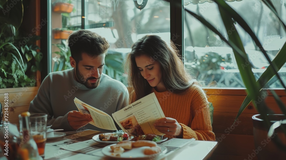 Couple reading a menu in a restaurant or cafe. Young people spend their ...