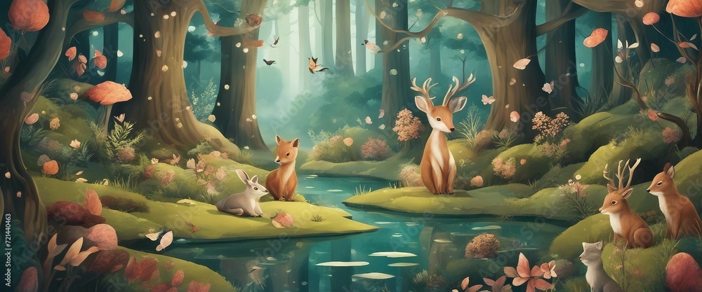 Whimsical Forest Illustration, an enchanting wallpaper with illustrated ...