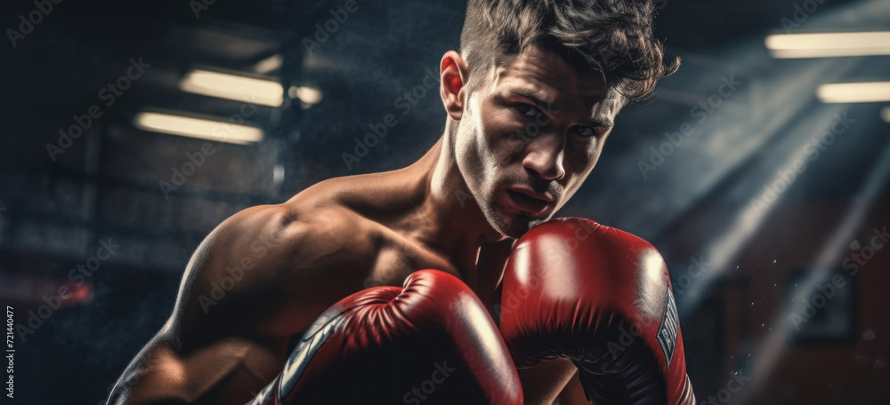 A boxer in the gym, focused on training. His gaze is directed at the ...