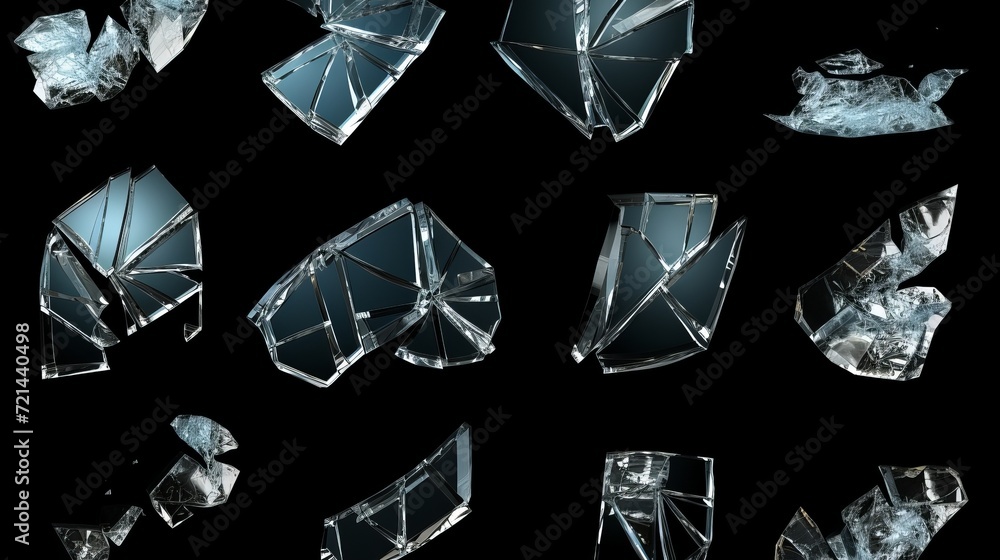 Broken glass fragments flow in a group of glass fragments on a black ...