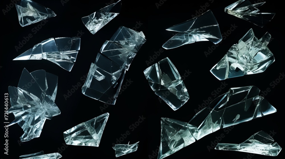 Broken glass fragments flow in a group of glass fragments on a black ...