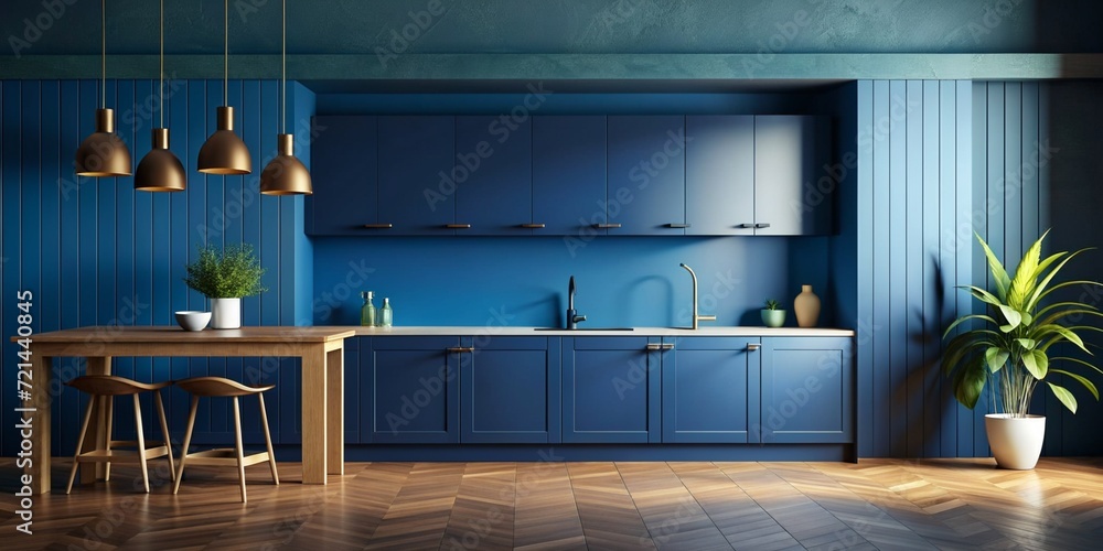 Mockup Dark Blue wall in kitchen and minimalist interior design. Open ...