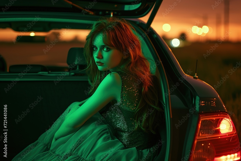 kidnapped woman after party in beautiful dress girl lying in the car ...