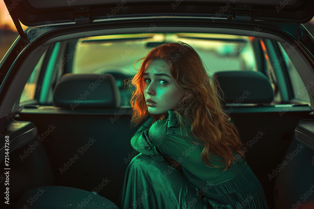 kidnapped woman after party in beautiful dress girl lying in the trunk ...
