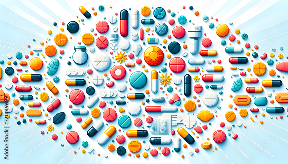 Vibrant Pharmaceutical Assortment on Light Blue - Diverse Medication ...
